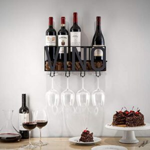 MKZ Products Wall Mounted Wine Rack | Wine Bottle Holder| Hanging Stemware Glass Holder | Cork Storage | Storage Rack | Home & Kitchen Decor (VINO - Bold)