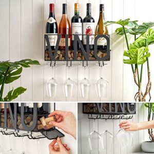 MKZ Products Wall Mounted Wine Rack | Wine Bottle Holder| Hanging Stemware Glass Holder | Cork Storage | Storage Rack | Home & Kitchen Decor (VINO - Bold)