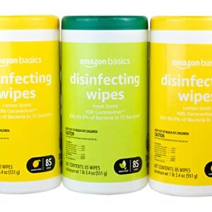 Amazon Basics Disinfecting Wipes, Lemon Scent & Fresh Scent, Sanitizes/Cleans/Disinfects/Deodorizes, 85 Count: Pack of 3 (Previously Solimo)