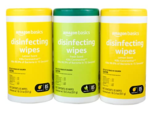 Amazon Basics Disinfecting Wipes, Lemon Scent & Fresh Scent, Sanitizes/Cleans/Disinfects/Deodorizes, 85 Count: Pack of 3 (Previously Solimo)