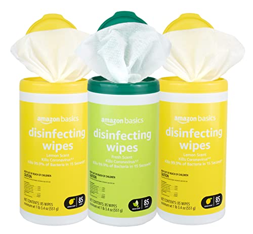 Amazon Basics Disinfecting Wipes, Lemon Scent & Fresh Scent, Sanitizes/Cleans/Disinfects/Deodorizes, 85 Count: Pack of 3 (Previously Solimo)