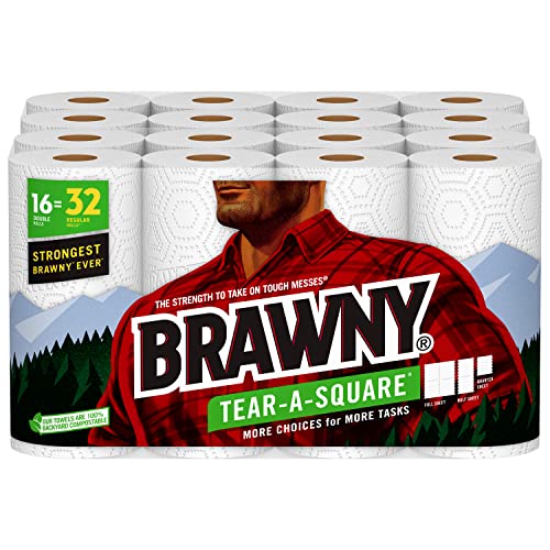 Brawny® Tear-A-Square® Paper Towels, 16 Double Rolls = 32 Regular Rolls