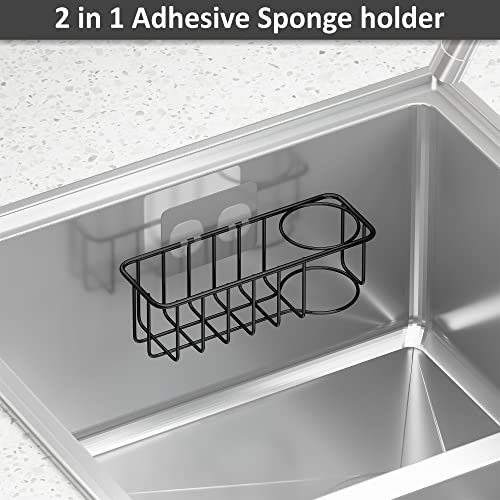 Kesol Adhesive SInk Sponge Holder + Brush Holder, 2-in-1 Sink Caddy, SUS304 Stainless Steel Rust Proof Water Proof Kitchen Sponge Holder, Black