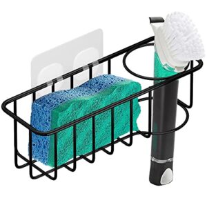 kesol adhesive sink sponge holder + brush holder, 2-in-1 sink caddy, sus304 stainless steel rust proof water proof kitchen sponge holder, black