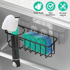 Kesol Adhesive SInk Sponge Holder + Brush Holder, 2-in-1 Sink Caddy, SUS304 Stainless Steel Rust Proof Water Proof Kitchen Sponge Holder, Black