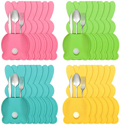 24 Pack Easter Bunny Utensil Cutlery Holders Pouch Bags Felt Silverware Holder Bag 5.9 x 3.15 Inch Utensil Sleeve for Knife Forks Easter Table Decoration Wedding Birthday Party, Pink Blue Green Yellow