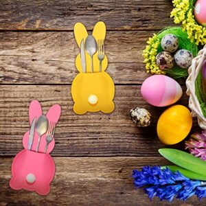 24 Pack Easter Bunny Utensil Cutlery Holders Pouch Bags Felt Silverware Holder Bag 5.9 x 3.15 Inch Utensil Sleeve for Knife Forks Easter Table Decoration Wedding Birthday Party, Pink Blue Green Yellow