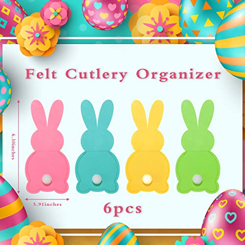 24 Pack Easter Bunny Utensil Cutlery Holders Pouch Bags Felt Silverware Holder Bag 5.9 x 3.15 Inch Utensil Sleeve for Knife Forks Easter Table Decoration Wedding Birthday Party, Pink Blue Green Yellow