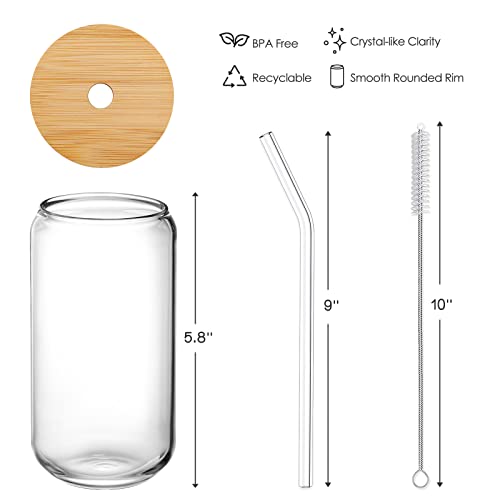 Drinking Glasses with Bamboo Lids and Glass Straw 4pcs Set - 16oz Can Shaped Glass Cups, Beer Glasses, Iced Coffee Glasses, Cute Tumbler Cup, Ideal for Cocktail, Whiskey, Gift - 2 Cleaning Brushes