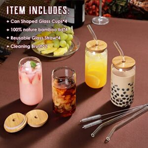 Drinking Glasses with Bamboo Lids and Glass Straw 4pcs Set - 16oz Can Shaped Glass Cups, Beer Glasses, Iced Coffee Glasses, Cute Tumbler Cup, Ideal for Cocktail, Whiskey, Gift - 2 Cleaning Brushes