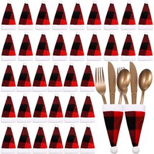 sawysine 36 pcs christmas santa hats silverware holders plaid xmas dinnerware decorations table supplies flatware organizers decor for cutlery party dinner