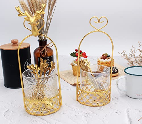 ZHSMYUP Coffee Spoon Dessert Fork Holder Utensil Crocks Flatware Organizer Tabletop Centerpiece Peach Heart Flower Pot Basket Home Decor for Coffee Bar Dining Room Kitchen (Textured Glass)