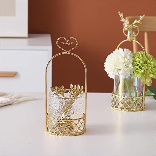 ZHSMYUP Coffee Spoon Dessert Fork Holder Utensil Crocks Flatware Organizer Tabletop Centerpiece Peach Heart Flower Pot Basket Home Decor for Coffee Bar Dining Room Kitchen (Textured Glass)