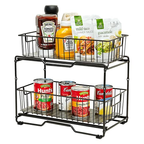 CAXXA 2 Tier Sliding Cabinet Basket Organizer, Bathroom Pull-Out Drawer Organizer, Space Saving with Handles (Medium, BRONZE)