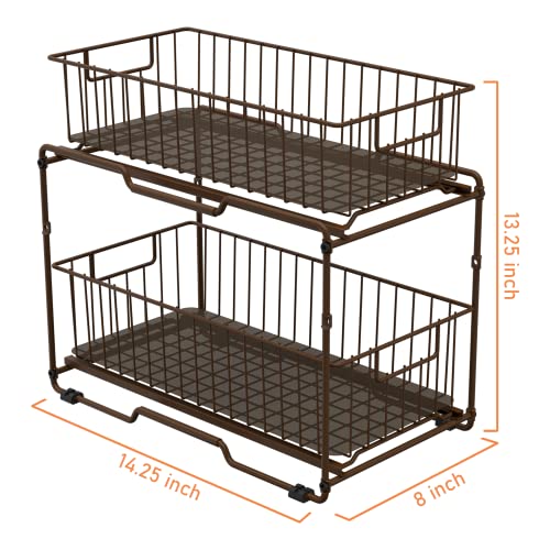 CAXXA 2 Tier Sliding Cabinet Basket Organizer, Bathroom Pull-Out Drawer Organizer, Space Saving with Handles (Medium, BRONZE)