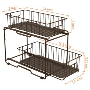 CAXXA 2 Tier Sliding Cabinet Basket Organizer, Bathroom Pull-Out Drawer Organizer, Space Saving with Handles (Medium, BRONZE)