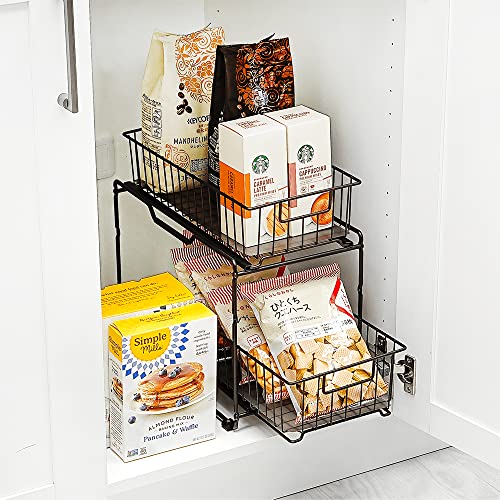 CAXXA 2 Tier Sliding Cabinet Basket Organizer, Bathroom Pull-Out Drawer Organizer, Space Saving with Handles (Medium, BRONZE)