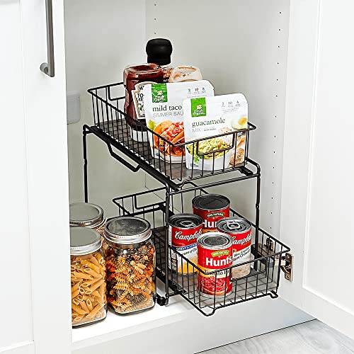 CAXXA 2 Tier Sliding Cabinet Basket Organizer, Bathroom Pull-Out Drawer Organizer, Space Saving with Handles (Medium, BRONZE)