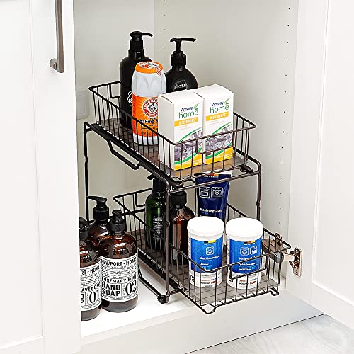 CAXXA 2 Tier Sliding Cabinet Basket Organizer, Bathroom Pull-Out Drawer Organizer, Space Saving with Handles (Medium, BRONZE)