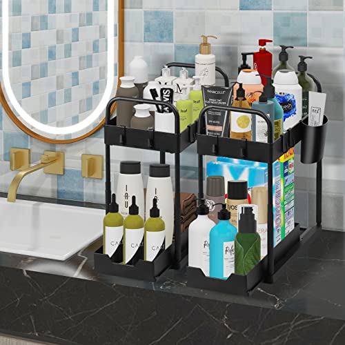 Under Sink Organizer 2 Pack 2 Tier Under The Sink Organizer Adjustable Height Bathroom Organizer Under Sink With Hanging Cups Under Kitchen Sink Organizers And Storage