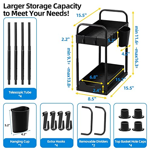 Under Sink Organizer 2 Pack 2 Tier Under The Sink Organizer Adjustable Height Bathroom Organizer Under Sink With Hanging Cups Under Kitchen Sink Organizers And Storage