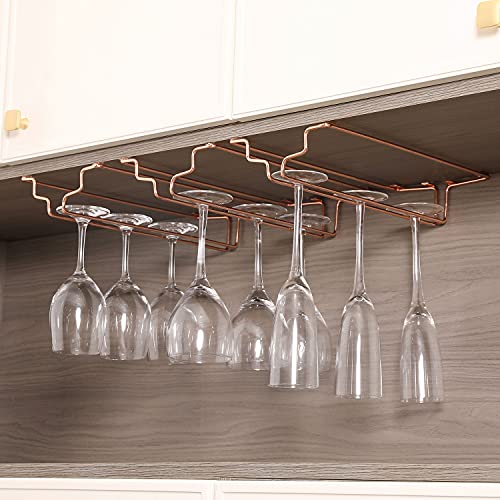 MyGift Modern Copper Tone Metal Frame Under Cabinet Stemware Wine Glass Holder, Stemmed Flute, Champagne, Red, White Wine Glass Hanger Rack, Set of 3