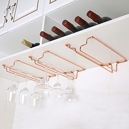 MyGift Modern Copper Tone Metal Frame Under Cabinet Stemware Wine Glass Holder, Stemmed Flute, Champagne, Red, White Wine Glass Hanger Rack, Set of 3