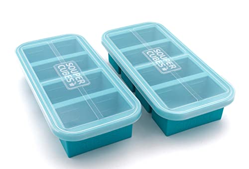 Souper Cubes 1-Cup Extra-Large Silicone Freezing Tray With Lid - Freeze Food Soup Broth Sauce In Perfect 1-Cup Portions, 2-Pack, Aqua Color