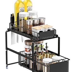 Docusvect Under Sink Organizer, 2-Tier Metal Under Cabinet Sliding Storage, Under Kitchen Sink Organizer, Under Sink Organizers and Storage with Hooks, Organizer for Bathroom Kitchen (Steel-1Pack)