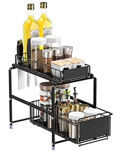 Docusvect Under Sink Organizer, 2-Tier Metal Under Cabinet Sliding Storage, Under Kitchen Sink Organizer, Under Sink Organizers and Storage with Hooks, Organizer for Bathroom Kitchen (Steel-1Pack)