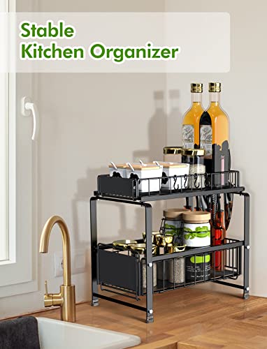 Docusvect Under Sink Organizer, 2-Tier Metal Under Cabinet Sliding Storage, Under Kitchen Sink Organizer, Under Sink Organizers and Storage with Hooks, Organizer for Bathroom Kitchen (Steel-1Pack)