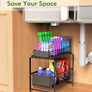 Docusvect Under Sink Organizer, 2-Tier Metal Under Cabinet Sliding Storage, Under Kitchen Sink Organizer, Under Sink Organizers and Storage with Hooks, Organizer for Bathroom Kitchen (Steel-1Pack)