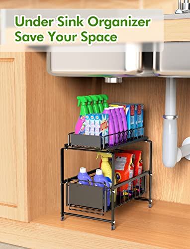 Docusvect Under Sink Organizer, 2-Tier Metal Under Cabinet Sliding Storage, Under Kitchen Sink Organizer, Under Sink Organizers and Storage with Hooks, Organizer for Bathroom Kitchen (Steel-1Pack)