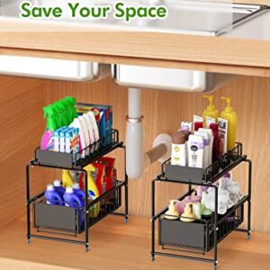 Docusvect Under Sink Organizer, 2-Tier Metal Under Cabinet Sliding Storage, Under Kitchen Sink Organizer, Under Sink Organizers and Storage with Hooks, Organizer for Bathroom Kitchen (Steel-1Pack)