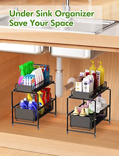 Docusvect Under Sink Organizer, 2-Tier Metal Under Cabinet Sliding Storage, Under Kitchen Sink Organizer, Under Sink Organizers and Storage with Hooks, Organizer for Bathroom Kitchen (Steel-1Pack)