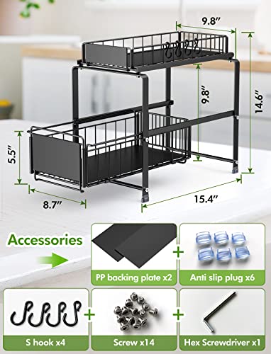 Docusvect Under Sink Organizer, 2-Tier Metal Under Cabinet Sliding Storage, Under Kitchen Sink Organizer, Under Sink Organizers and Storage with Hooks, Organizer for Bathroom Kitchen (Steel-1Pack)