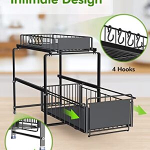 Docusvect Under Sink Organizer, 2-Tier Metal Under Cabinet Sliding Storage, Under Kitchen Sink Organizer, Under Sink Organizers and Storage with Hooks, Organizer for Bathroom Kitchen (Steel-1Pack)