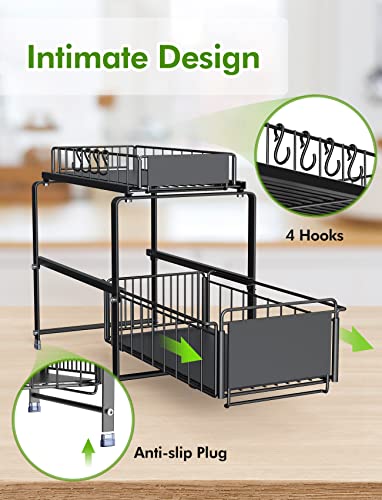 Docusvect Under Sink Organizer, 2-Tier Metal Under Cabinet Sliding Storage, Under Kitchen Sink Organizer, Under Sink Organizers and Storage with Hooks, Organizer for Bathroom Kitchen (Steel-1Pack)