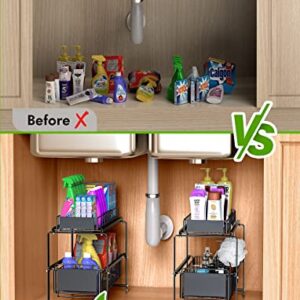 Docusvect Under Sink Organizer, 2-Tier Metal Under Cabinet Sliding Storage, Under Kitchen Sink Organizer, Under Sink Organizers and Storage with Hooks, Organizer for Bathroom Kitchen (Steel-1Pack)