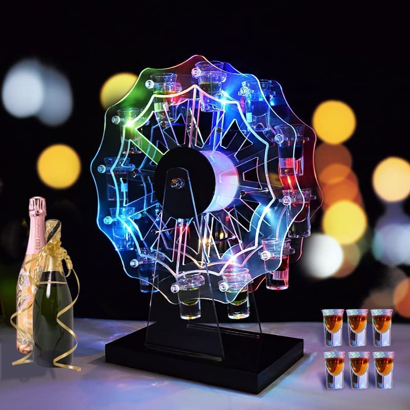 Liquor Shelves Ferris Wheel Tequila LED Liquor Bottle Display Shelf ,Ice Wine Stand, Colorful Light Spinning Stand with 12 Glasses Cups, Party Bar Drinking Tumblers Stand for Birthday, Wedding