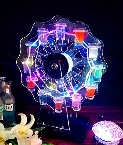 Liquor Shelves Ferris Wheel Tequila LED Liquor Bottle Display Shelf ,Ice Wine Stand, Colorful Light Spinning Stand with 12 Glasses Cups, Party Bar Drinking Tumblers Stand for Birthday, Wedding