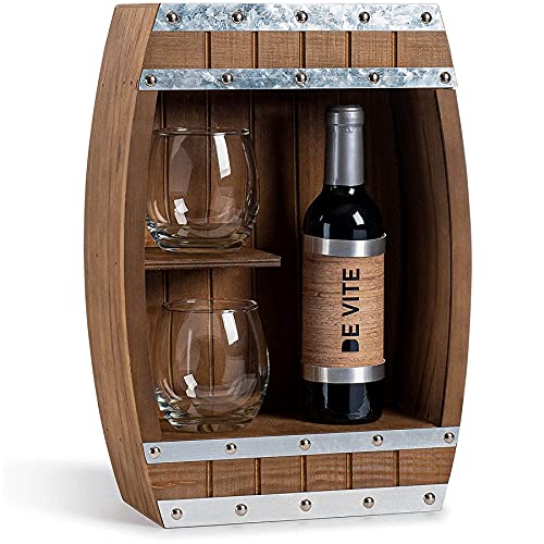 Wooden Wine Barrel Display - Pinewood Display Case with Sliding Cover Ideal for Wine Whiskey Scotch & More - 2 Built-In Shelves for Stemless Wine or Rocks Glasses, A Gift for Wedding or Any Occasion