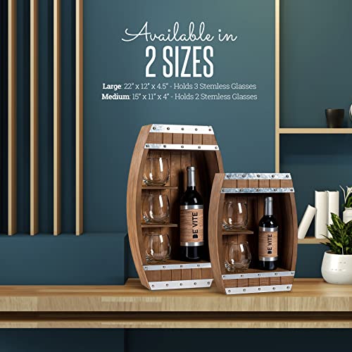 Wooden Wine Barrel Display - Pinewood Display Case with Sliding Cover Ideal for Wine Whiskey Scotch & More - 2 Built-In Shelves for Stemless Wine or Rocks Glasses, A Gift for Wedding or Any Occasion