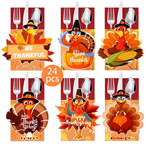 24 Pcs Thanksgiving Cutlery Holder Set Turkey Cutlery Silverware Holder Paper Pocket Thanksgiving Turkey Utensil Décor for Autumn Fall Harvest Party Favor Supply Table Decoration