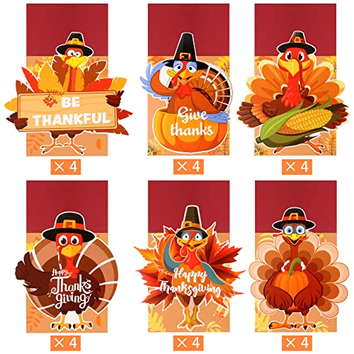 24 Pcs Thanksgiving Cutlery Holder Set Turkey Cutlery Silverware Holder Paper Pocket Thanksgiving Turkey Utensil Décor for Autumn Fall Harvest Party Favor Supply Table Decoration