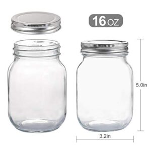 Glass Regular Mouth Mason Jars, 16 oz Clear Glass Jars with Silver Metal Lids for Sealing, Canning Jars for Food Storage, Overnight Oats, Dry Food, Snacks, Candies, DIY Projects (4PACK)