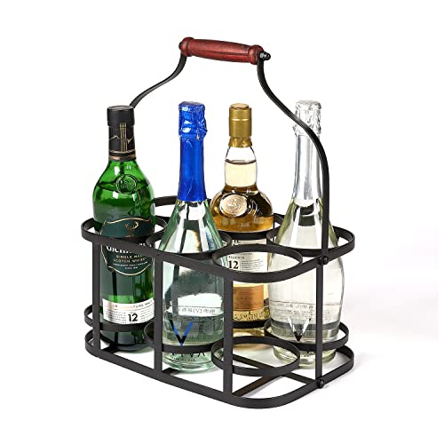 Metal Wine Bottle Carrier 6 Bottle Wine Carrier with Wood Handle Farmhouse Metal Wine Rack Basket Caddy Decorative Wine Display Stand for Wedding Bar BBQ Picnic Red White Wine Milk Storage (Black)