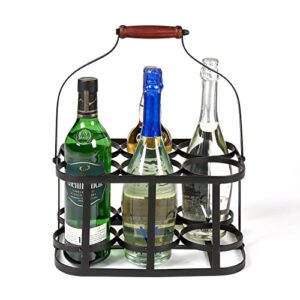 Metal Wine Bottle Carrier 6 Bottle Wine Carrier with Wood Handle Farmhouse Metal Wine Rack Basket Caddy Decorative Wine Display Stand for Wedding Bar BBQ Picnic Red White Wine Milk Storage (Black)