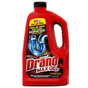 drano max gel drain clog remover and cleaner for shower or sink drains, unclogs and removes hair, soap scum, blockages, 80 oz