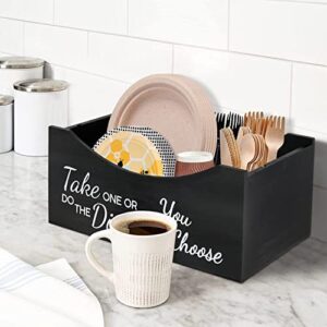 Paper Plate Holder Utensil Caddy for Countertop, Wood Utensil Holder Organizer for Plate Cup Fork Knives Spoon Napkin, Kitchen Countertop Paper Plate Holders Silverware Caddy Holder for Party, BBQ